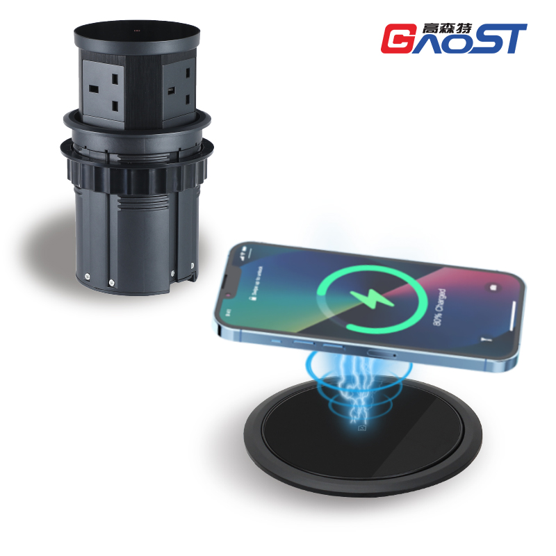 Retractable pop up socket with 15W qi charger, 3 UK outlet, USBA+C ...